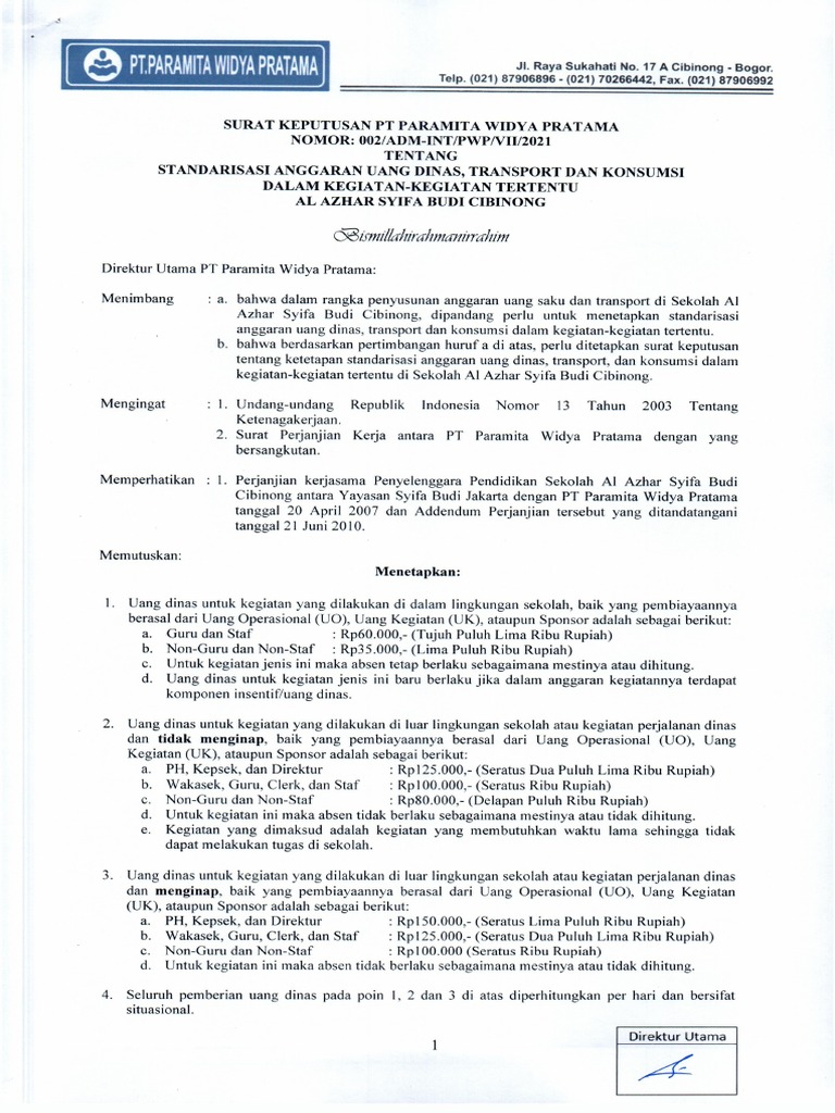 002 Adm-Int 2021 SK Standarisasi Anggaran Uang Dinas, Transport, Dan Makan Dalam Kegiatan ...