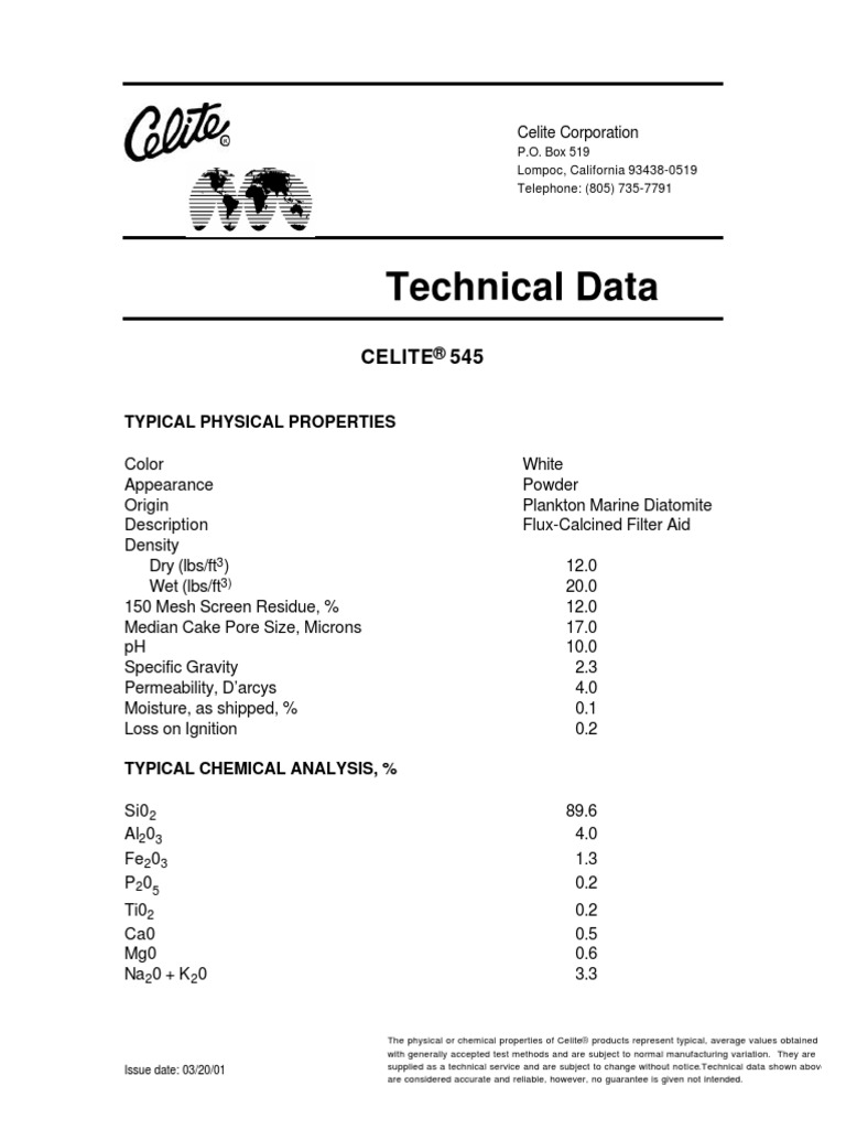 Celite 545 Technical Datasheet | PDF | Physical Sciences | Chemistry