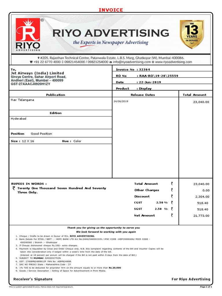 Invoice: Jet Airways (India) Limited | PDF