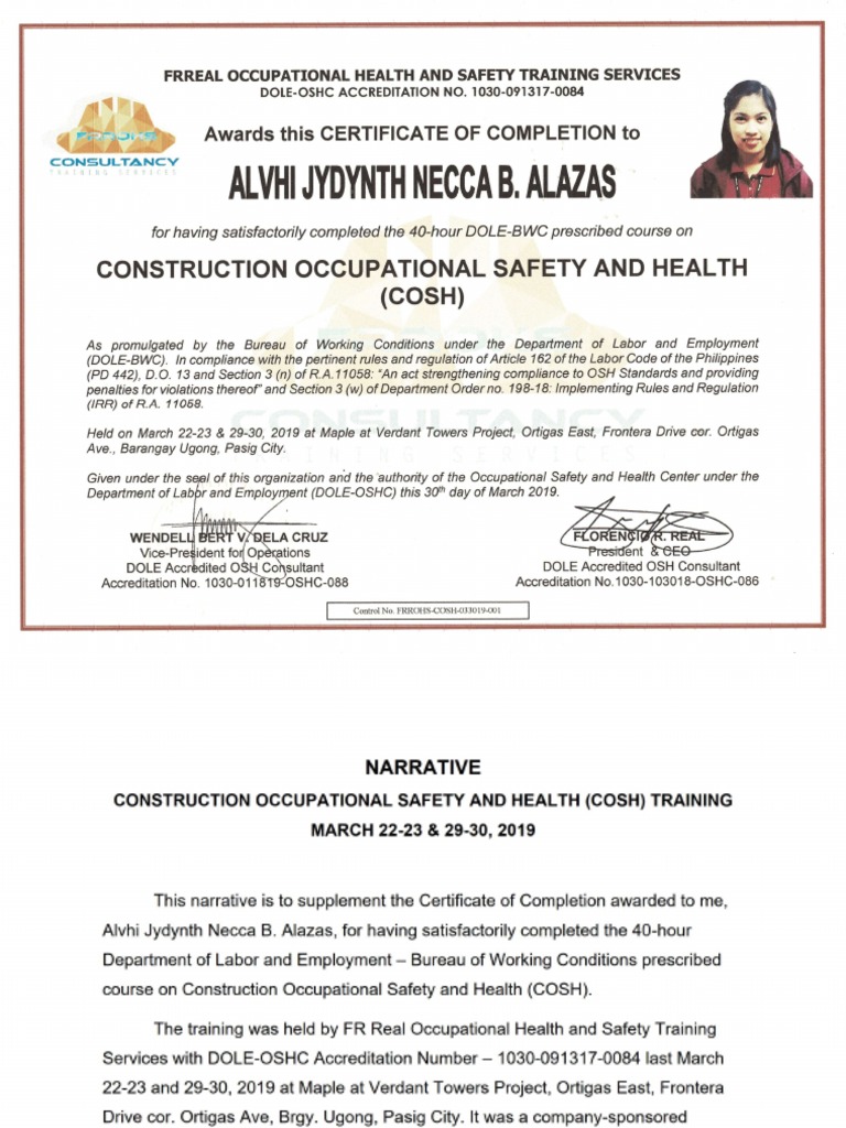 Certificate and Narrative On COSH Training (March 2019) | PDF
