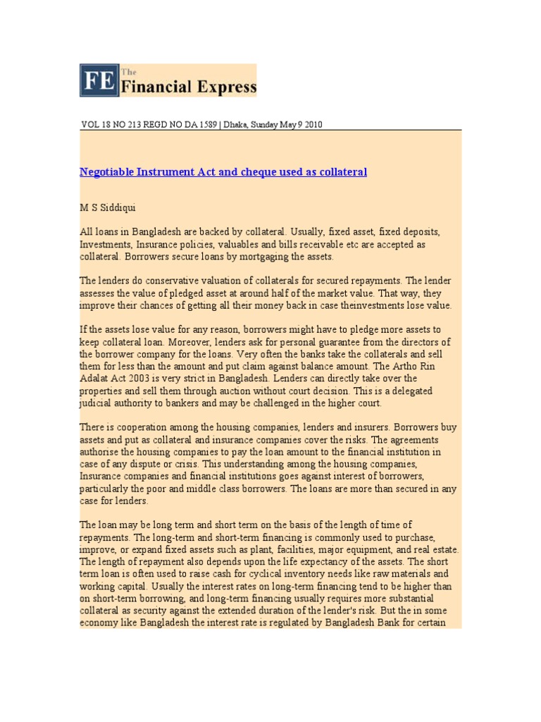 Negotiable Instrument Act and Cheque Used As Collateral | PDF ...