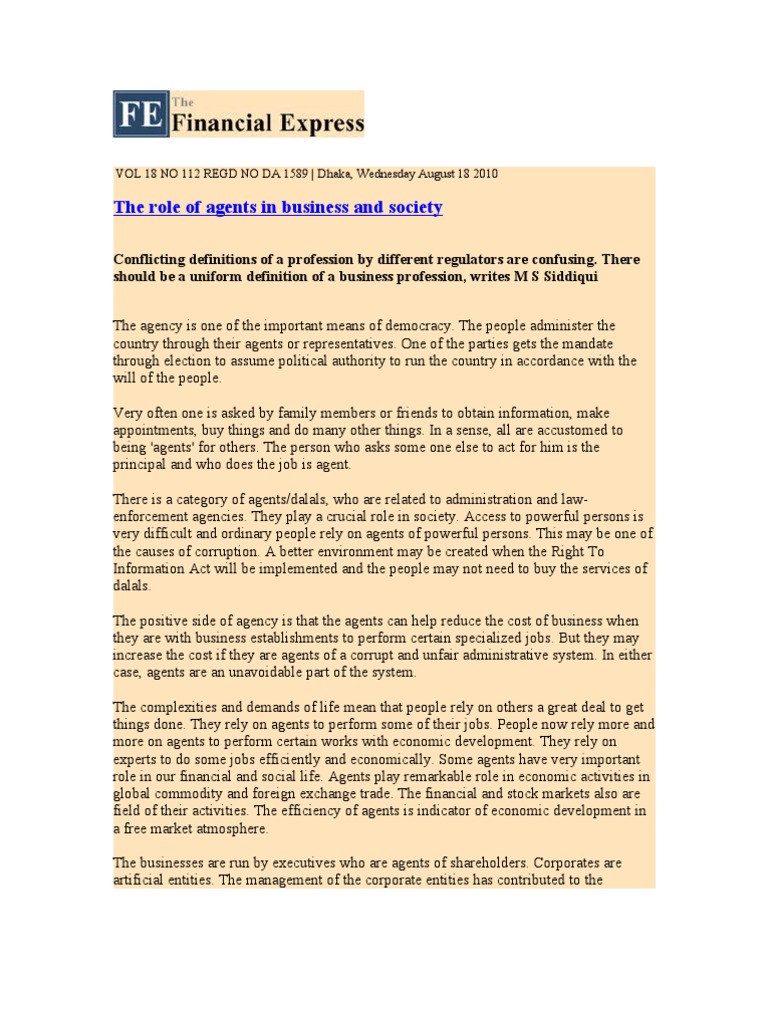 The Role of Agents in Business & Society | PDF | Law Of Agency | Legal ...