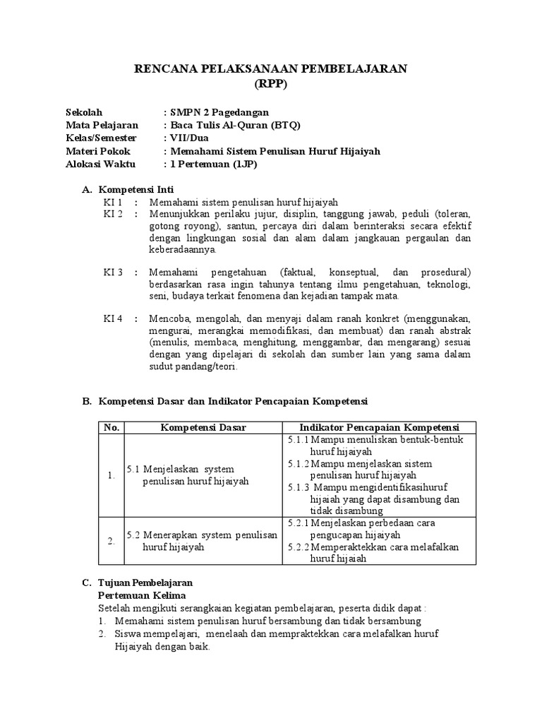 RPP BTQ 7-SK5-Memahami Sistem Penulisan Huruf Hijaiyah | PDF