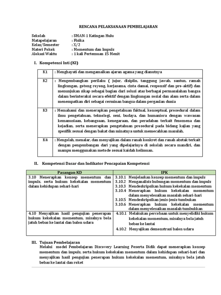 Rpp Kd 3 10 Momentum Dan Impuls Pdf Sains And Matematika