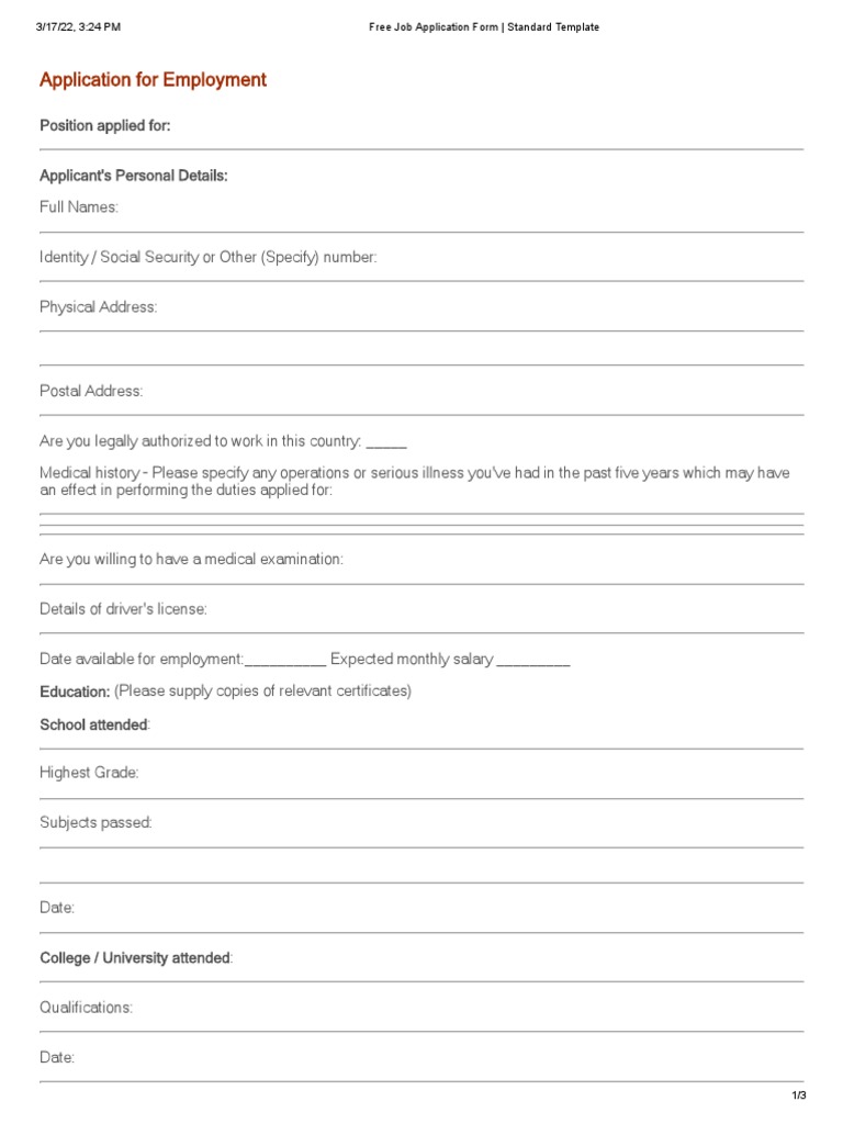 Free Job Application Form - Standard Template | PDF | Government ...