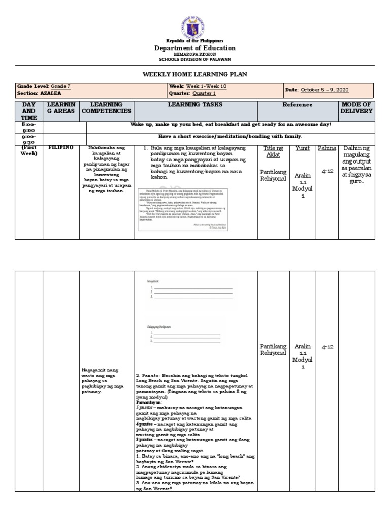 Weekly Home Learning Plan Fil 7 | PDF