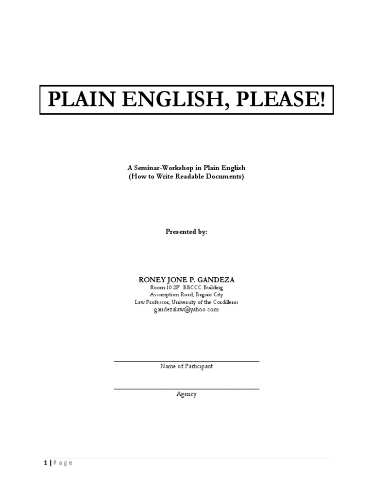 Plain English, Please!: A Seminar-Workshop in Plain English (How To ...