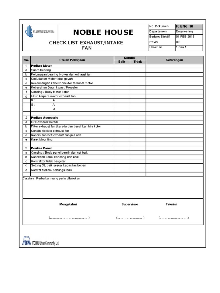 Check List Perawatan Exhaust Fan Dikonversi | PDF