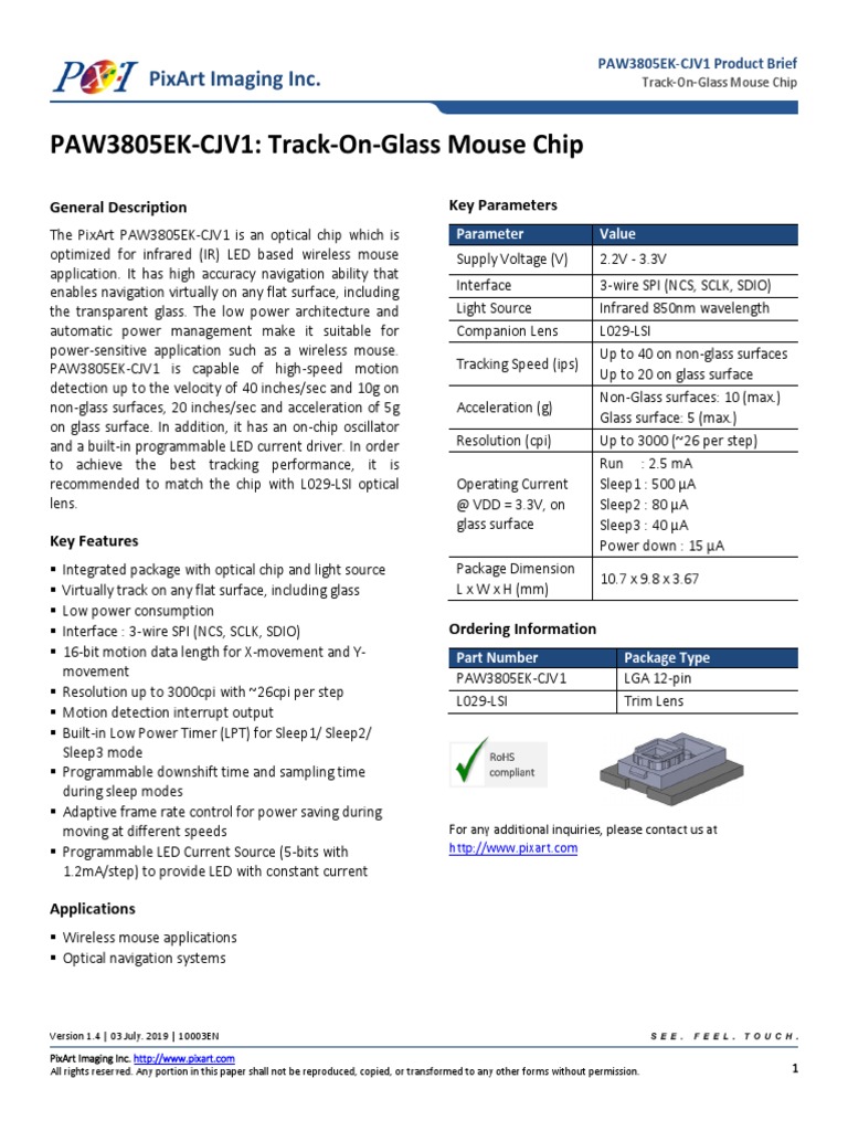 Paw3805Ek-Cjv1: Track-On-Glass Mouse Chip: Pixart Imaging Inc | PDF ...