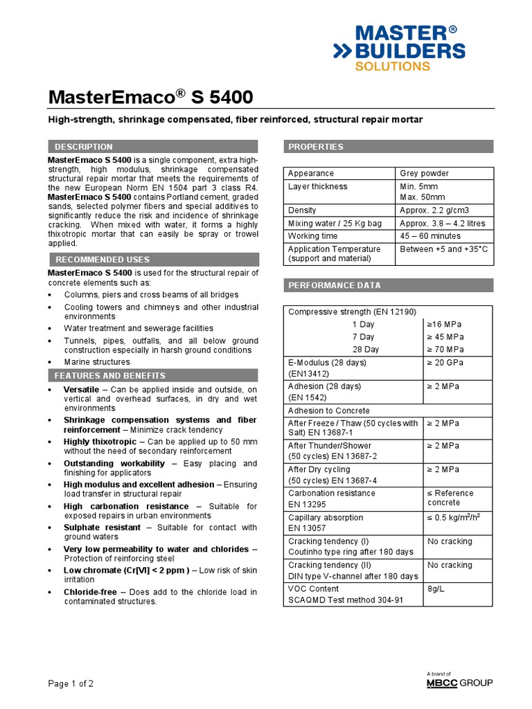 Masteremaco S 5400: High-Strength, Shrinkage Compensated, Fiber ...