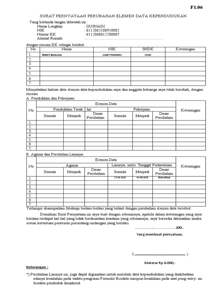 F 1.06 Form Surat Pernyataan Perubahan Data | PDF