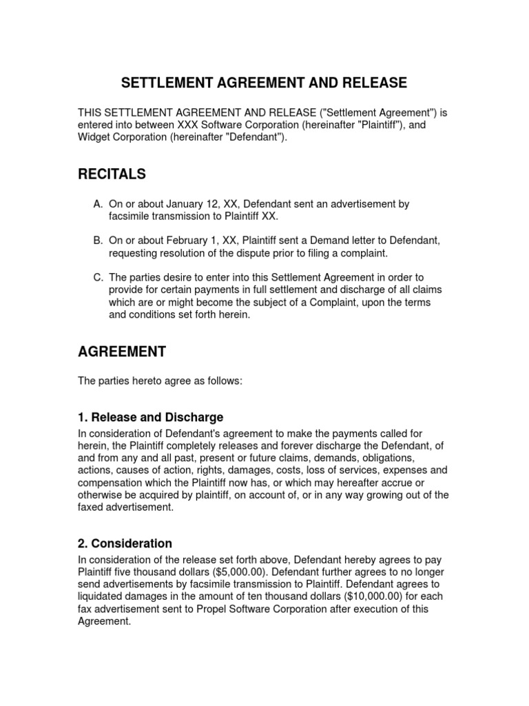 Settlement Agreement - Sample | PDF | Settlement (Litigation) | Damages