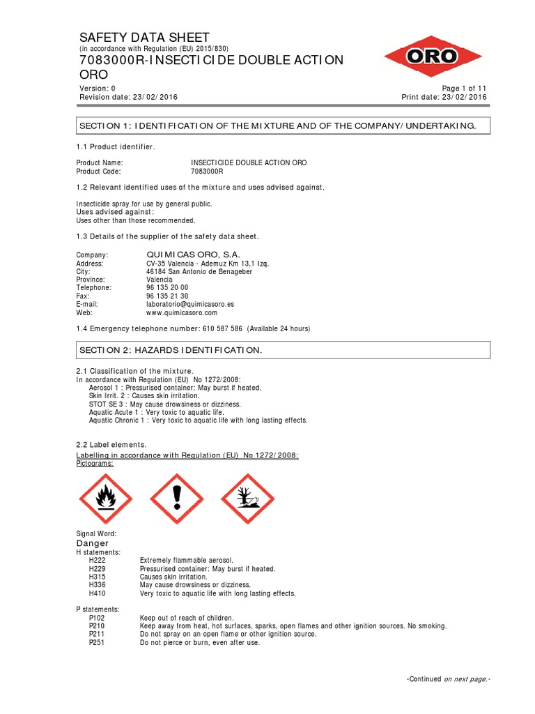 ORO Insecticide Double Action Safety Data | PDF | Sodium | Toxicity