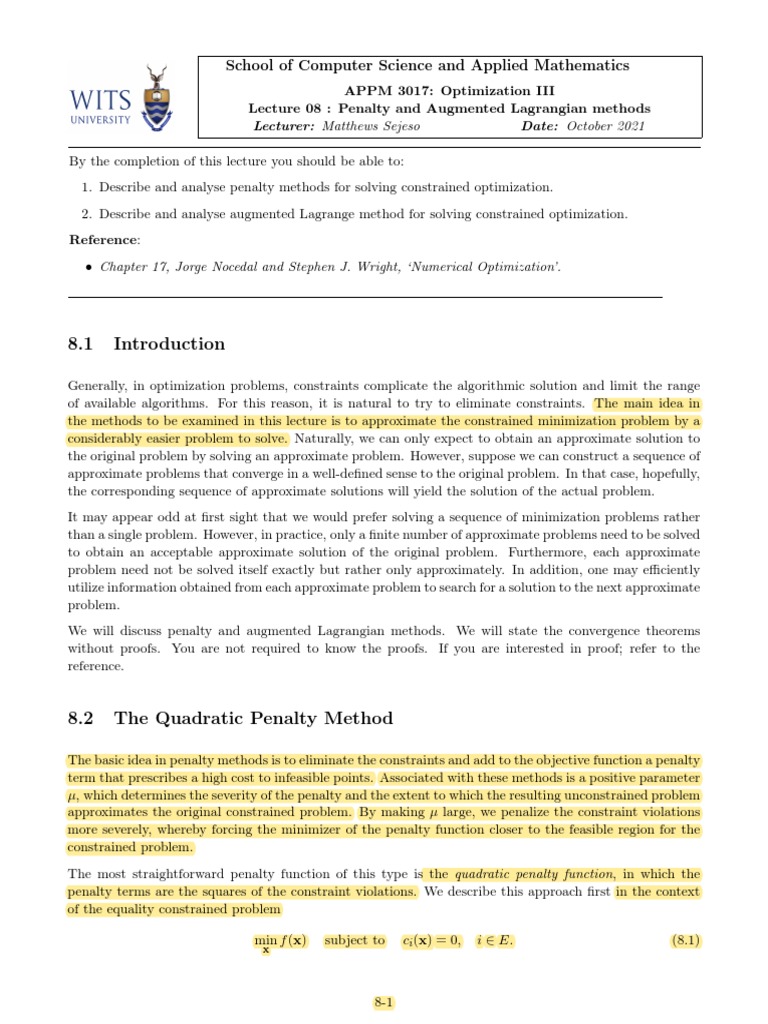 Lecture 08 - Penalty and Augmented Lagrangian Methods | PDF ...