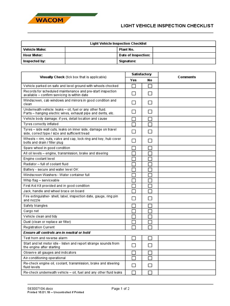 BRM FRM 065 Light Vehicle Inspection Checklist | PDF | Vehicles ...
