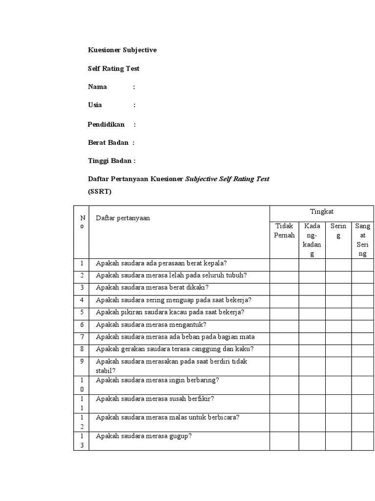 Kuesioner Subjective Self Rating Test, Industrial Fatigue Research ...