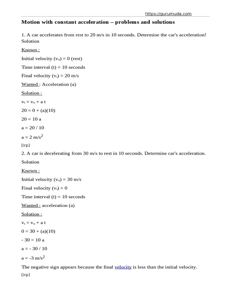 Motion With Constant Acceleration - Problems and Solutions | PDF | Acceleration | Speed