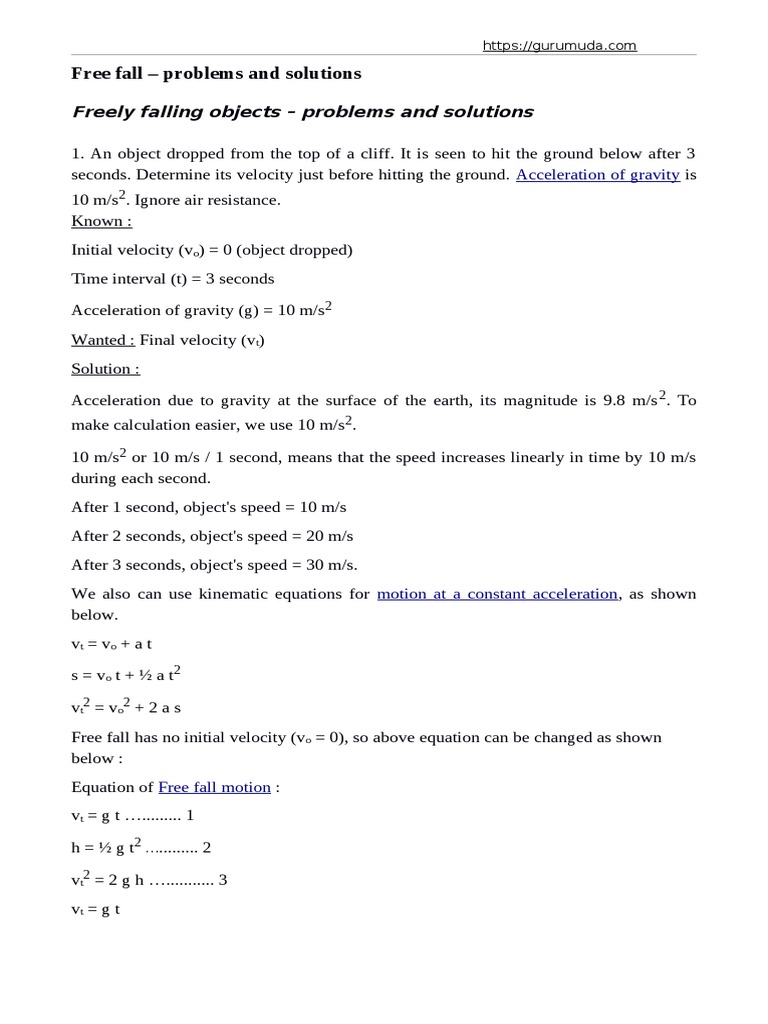 Free Fall Problems And Solutions Pdf Acceleration Gravity