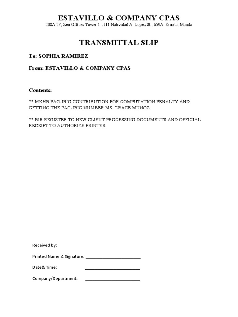 Estavillo & Company Cpas Transmittal Slip | PDF
