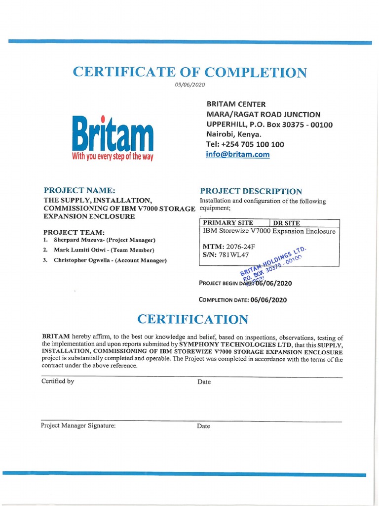 Britam - V7000 Upgrade - June 2020 - Completion Cert and Delivery Note ...