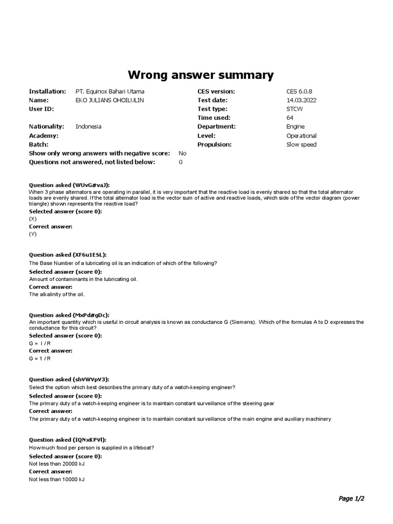 CES Wrong Answer Summary | PDF | Direct Current | Alternating Current