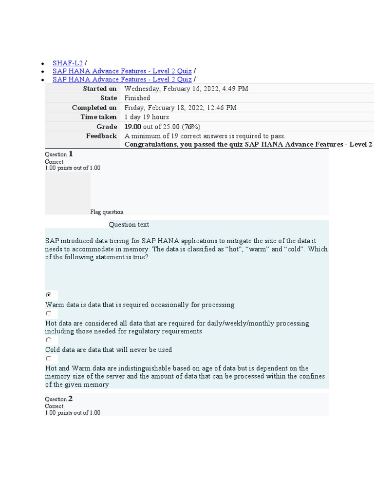 SAP HANA Advance Features - Level 2 | PDF | Cloud Computing | Cache (Computing)