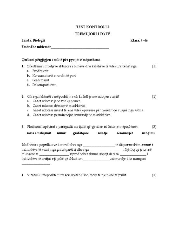Biologjia 9 Test Tremujori II | PDF