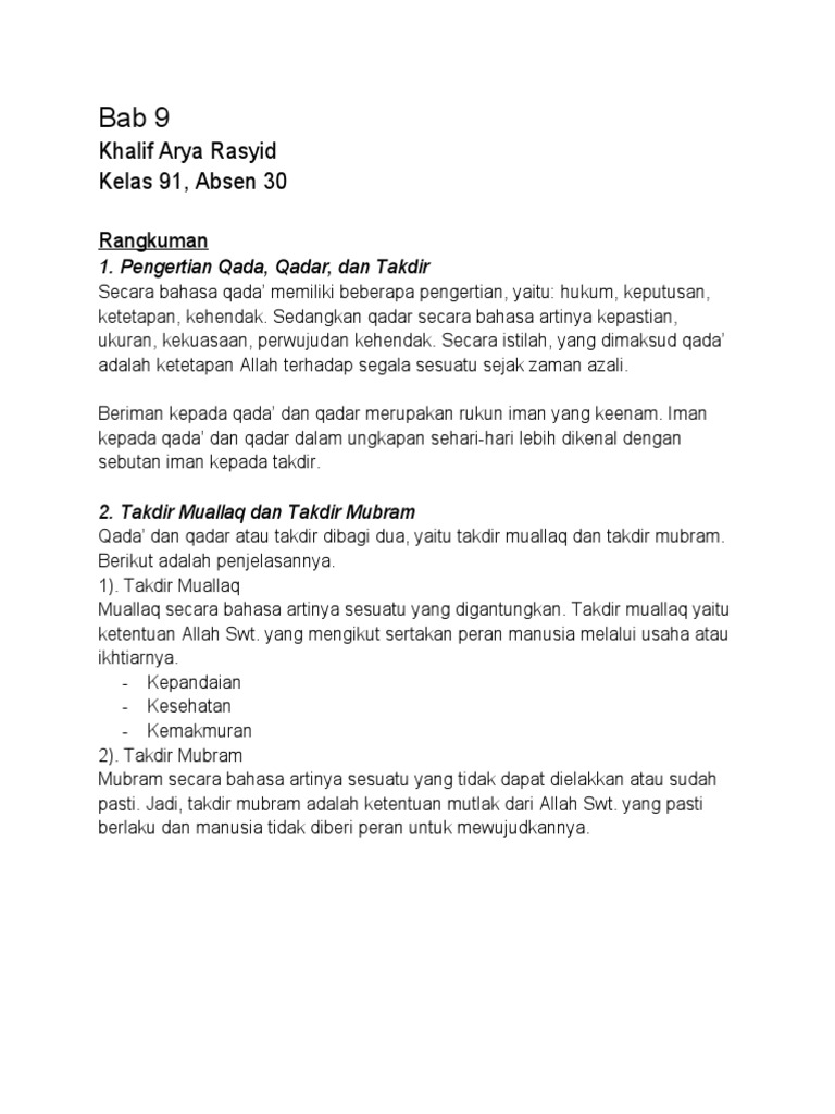 KHALIF RASYID - Merangkum Dan Ayo Berlatih Bab 9 Qa'da Dan Qadar | PDF