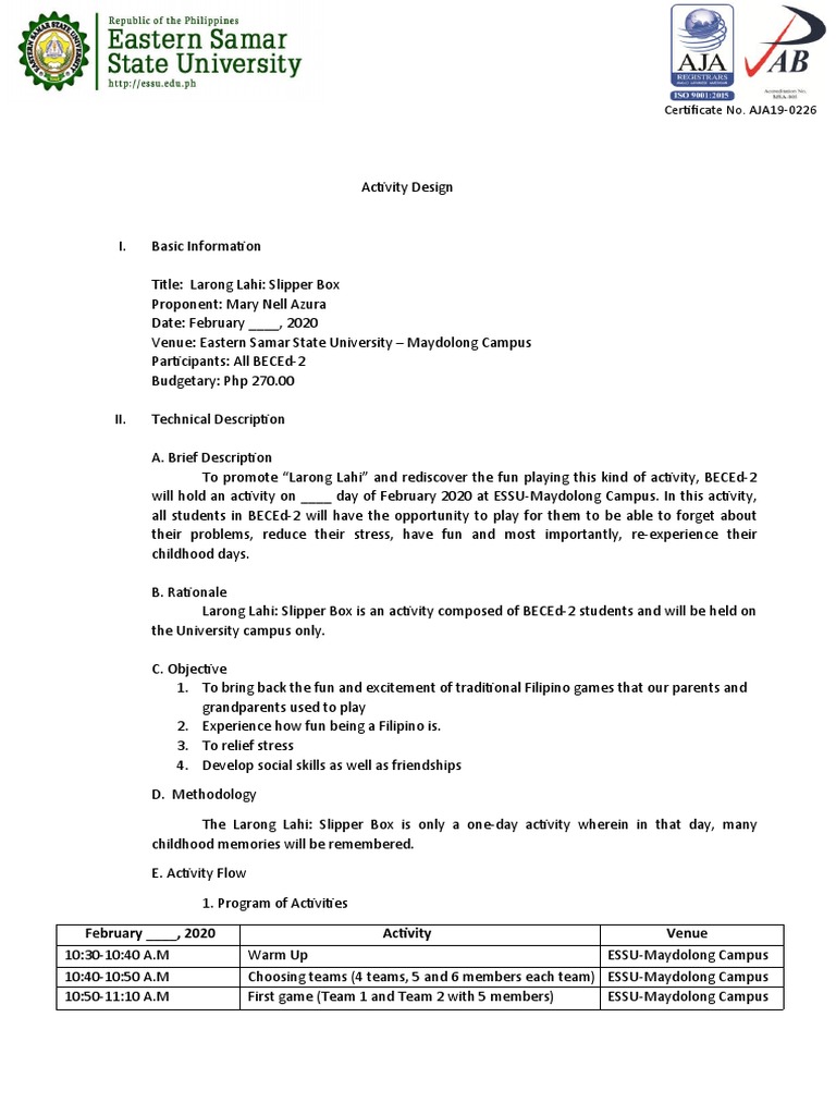 Certificate No. AJA19-0226: February - , 2020 Activity Venue | PDF