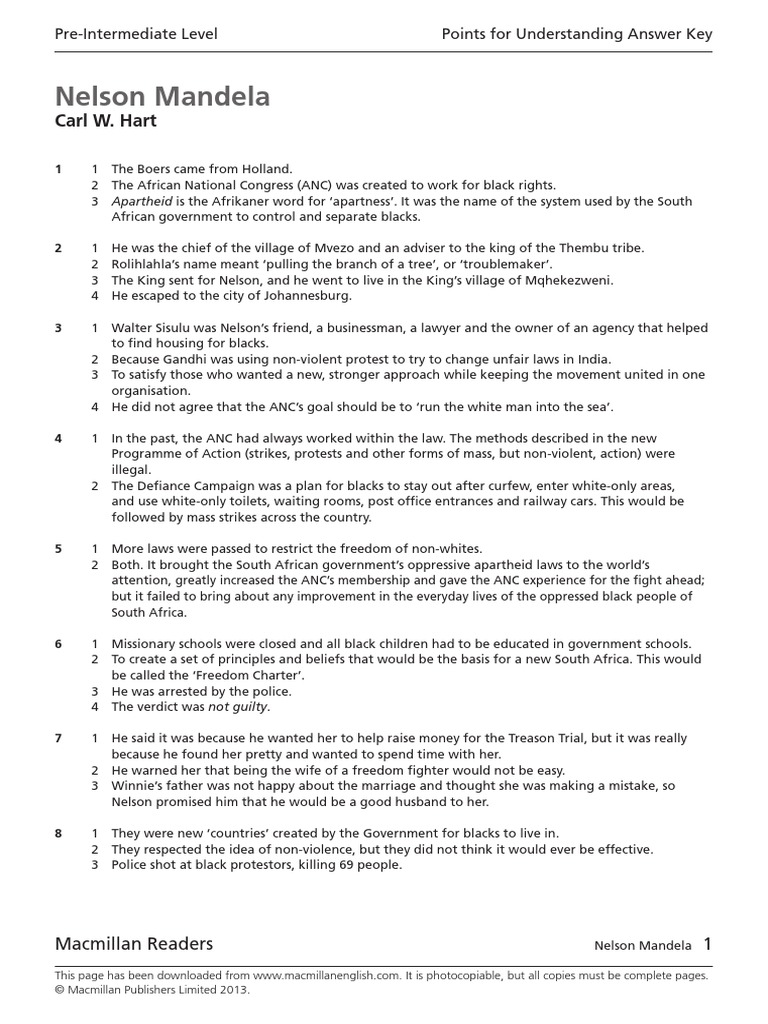 Nelson Mandela Points For Understanding Answer Key | PDF | Nelson ...
