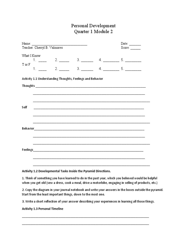 Personal Development Quarter 1 Module 2: Activity 1.2 Developmental ...
