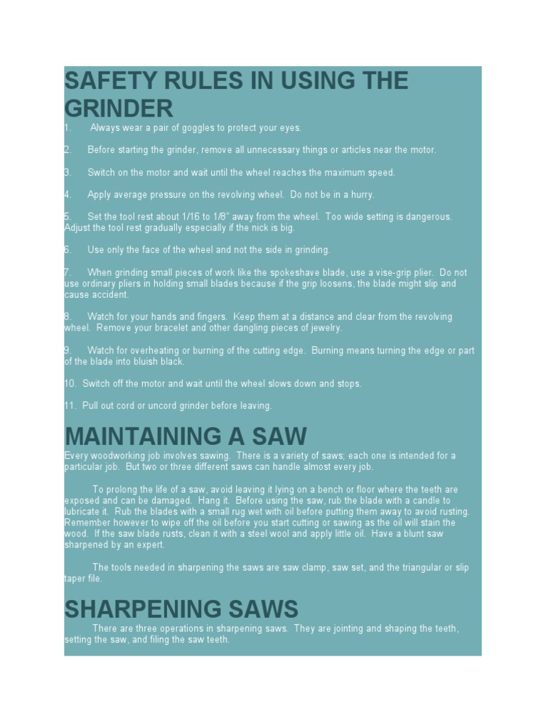 Safety Rules in Using The Grinder | PDF | Cutting Tools | Crafts