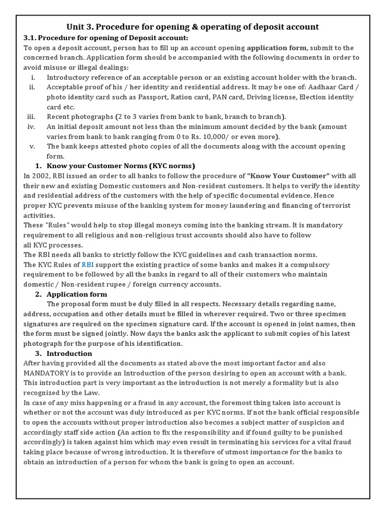 Unit 3. Procedure For Opening & Operating of Deposit Account | PDF ...