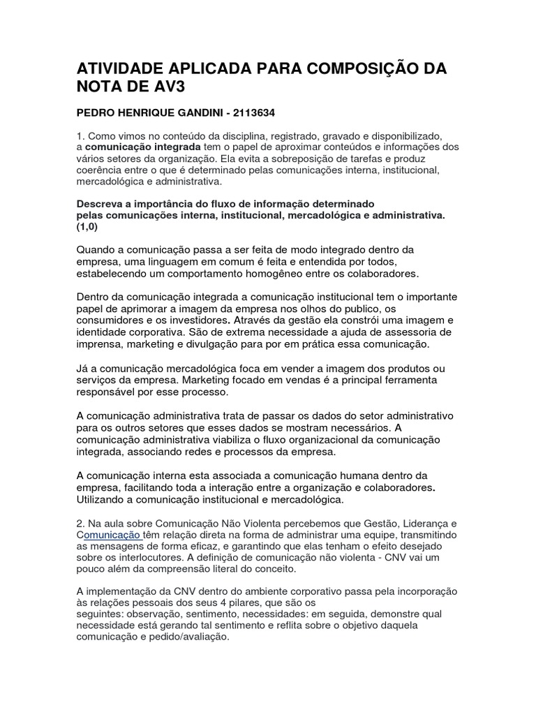 Atividade Aplicada para Composição Da Nota de Av3 | Download grátis PDF ...