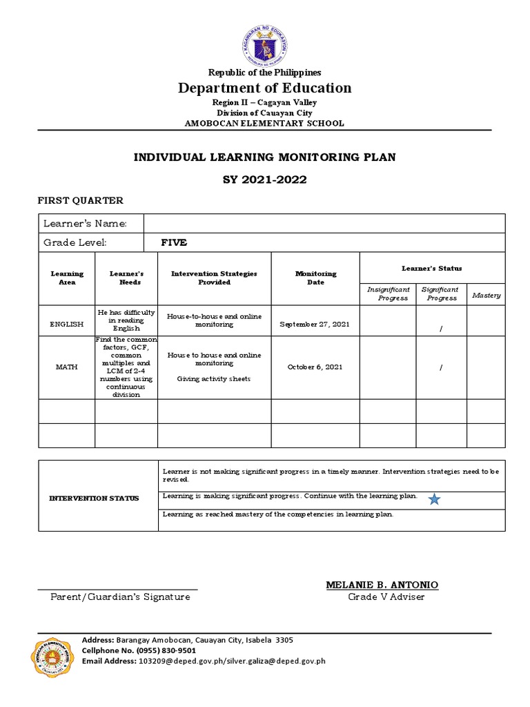 Department of Education: Individual Learning Monitoring Plan SY 2021 ...