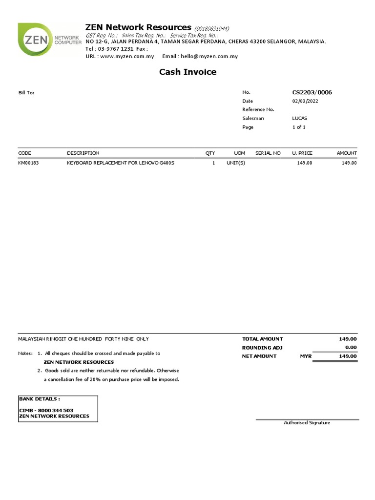 Replacement Keyboard Invoice for Lenovo Laptop from Zen Network ...
