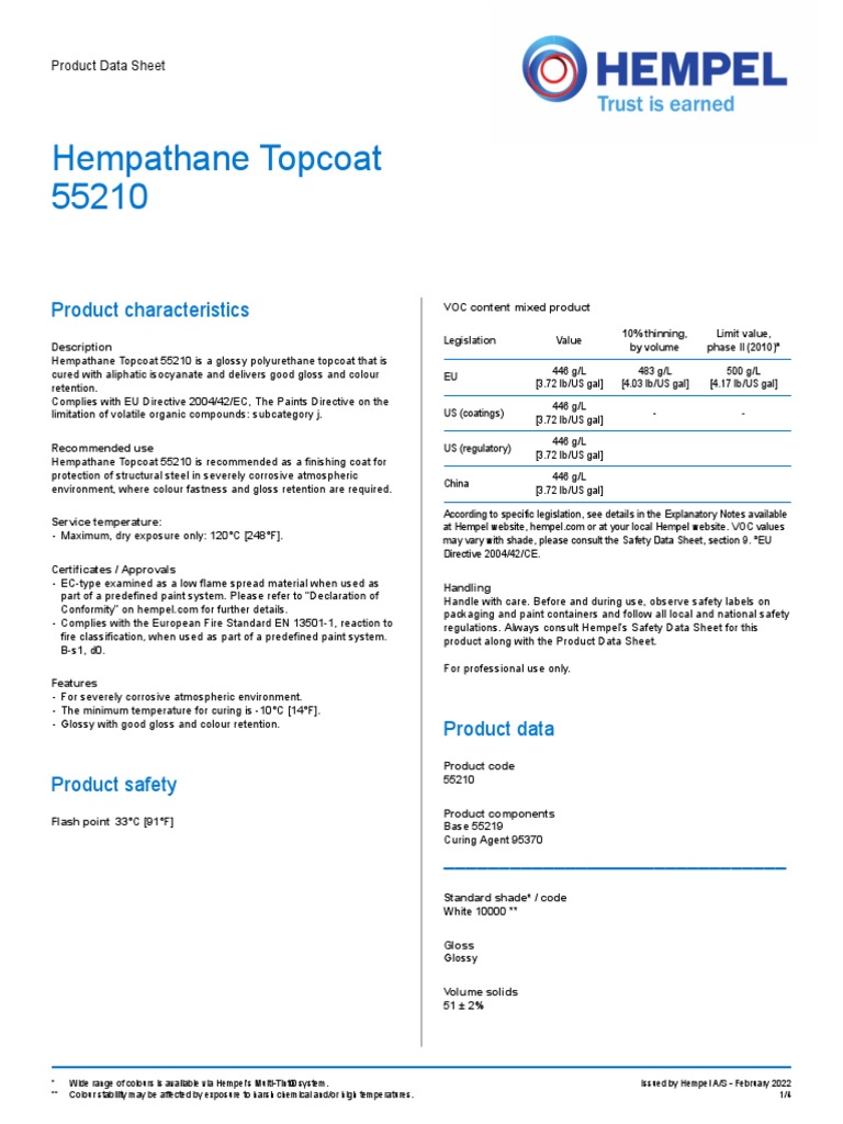 Hempathane Topcoat 55210: Product Characteristics | PDF | Paint | Humidity