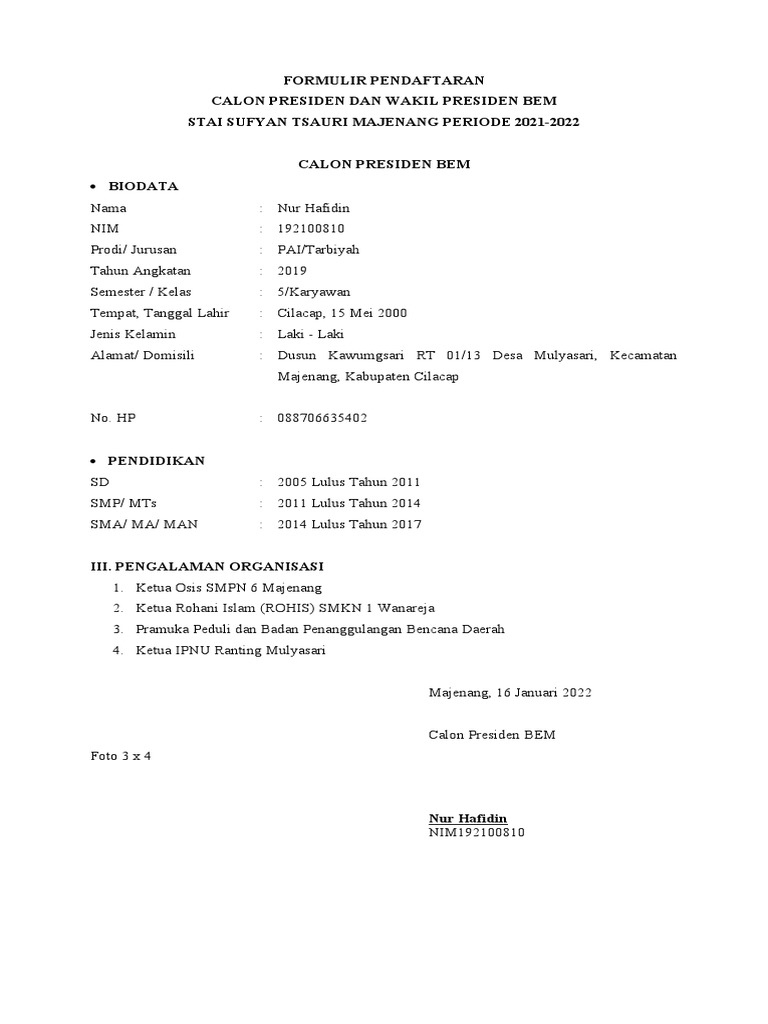 Formulir Calon BEM STAI 2021-2022 | PDF