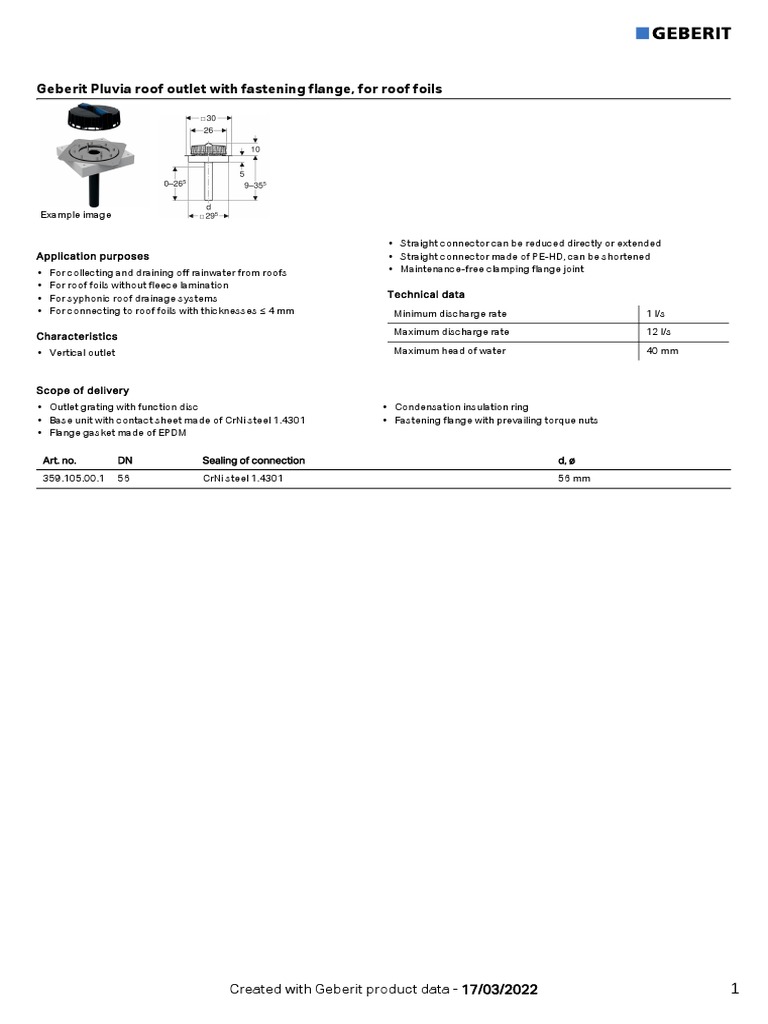 Geberit Pluvia Roof Outlet With Fastening Flange, For Roof Foils | PDF ...
