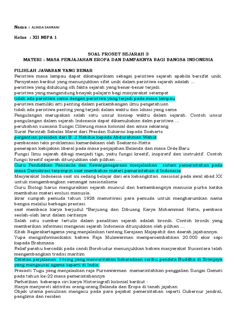 PROSET 3 SEJARAH INDONESIA alindaXII MIPA 1 | PDF