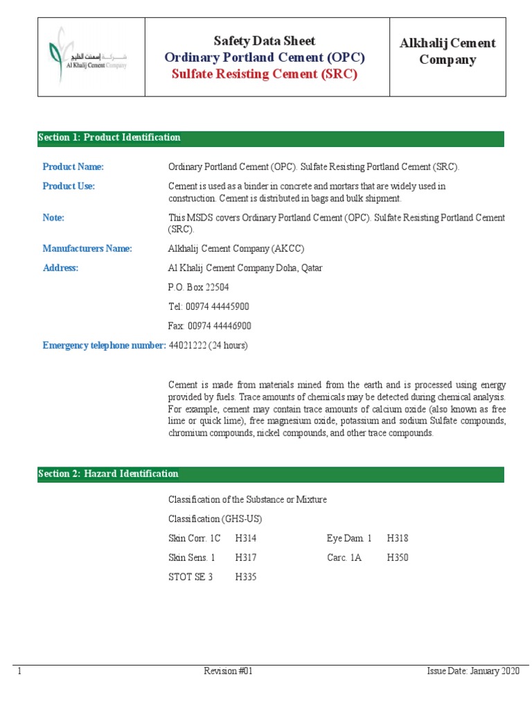 Cement Safety Data Sheet 2020 | PDF | Cement | Dermatitis
