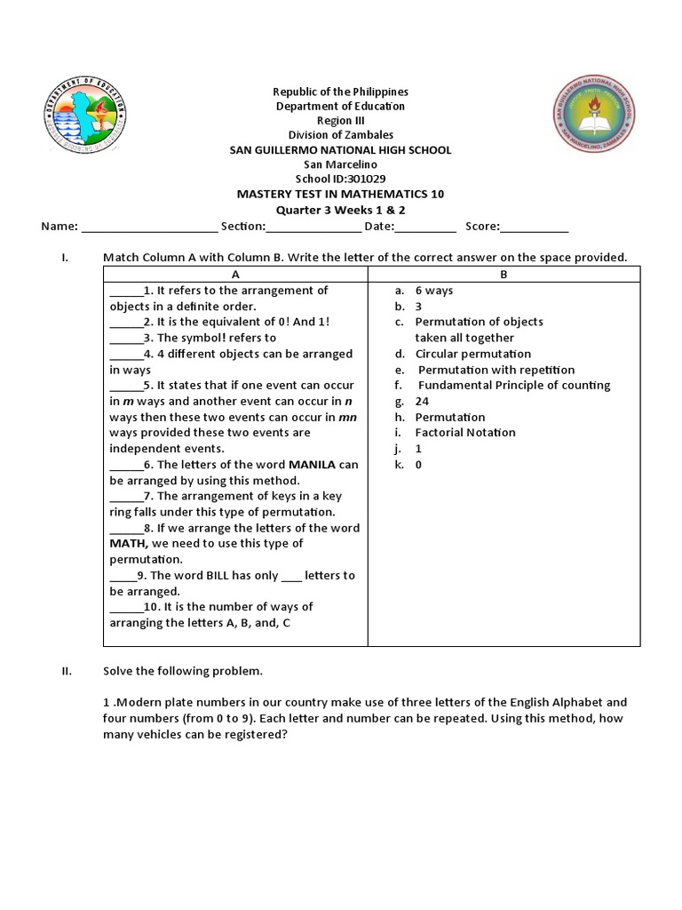 Mastery Test in Mathematics 10 Quarter 3 Weeks 1 & 2: San Guillermo ...
