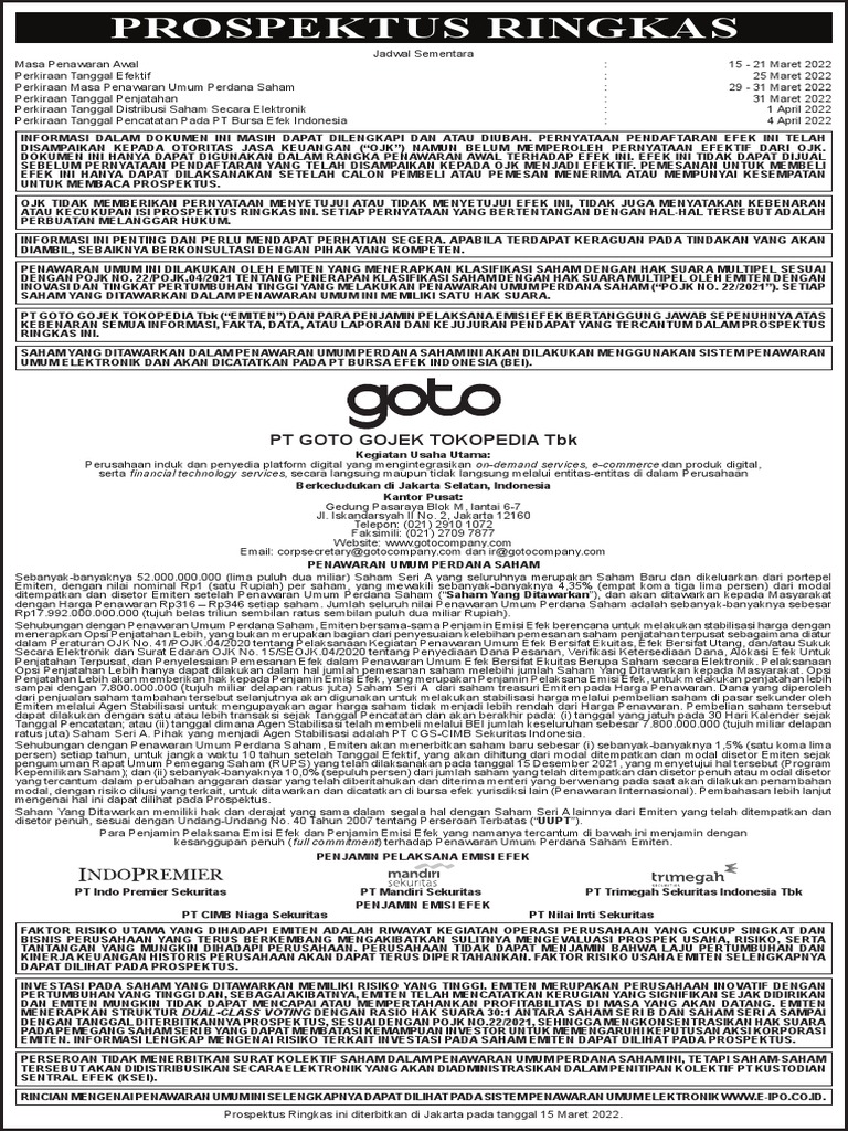 S - Prospektus Ringkas PT GoTo Gojek Tokopedia TBK | PDF
