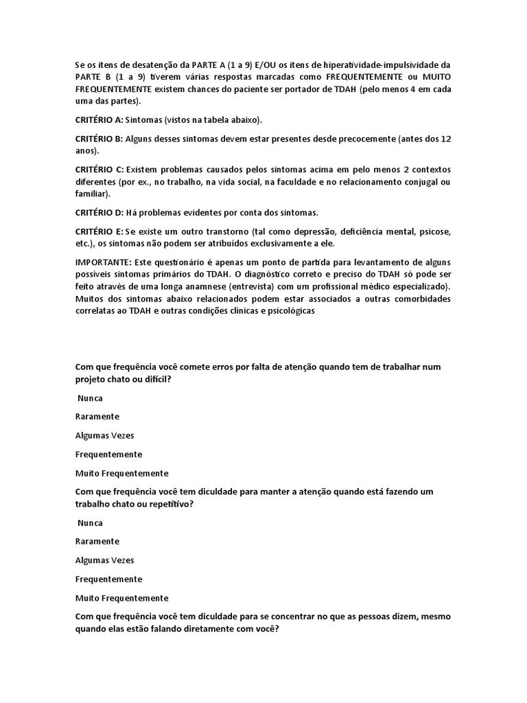 Teste Tdah | PDF | Transtorno de déficit de atenção e hiperatividade ...