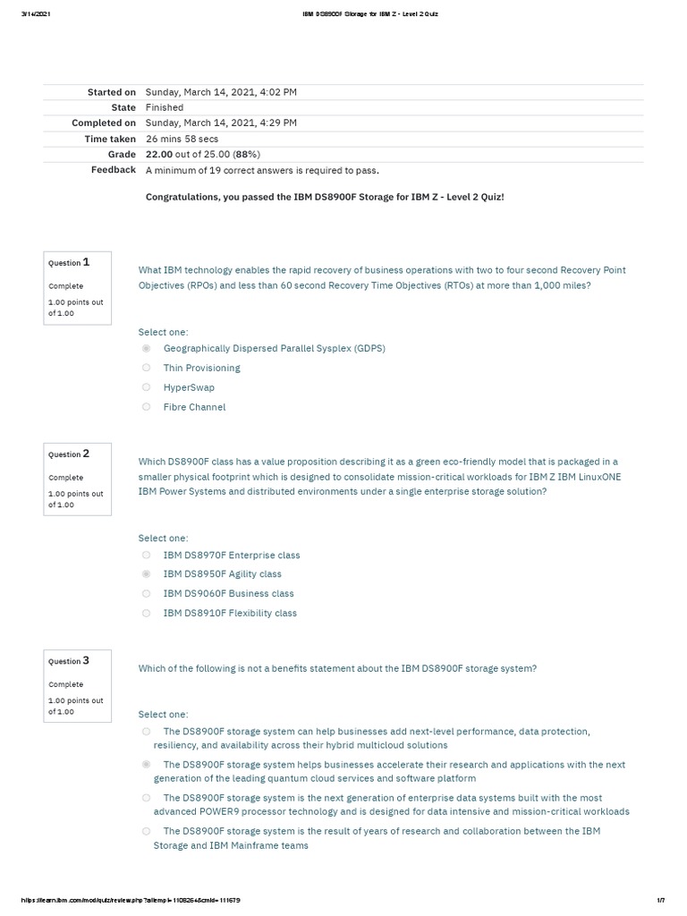 Ibm Ds8900f Storage For Ibm Z - Level 2 Quiz - Passed - M Davies (2021!07!22 08-46-05 Utc) | PDF ...