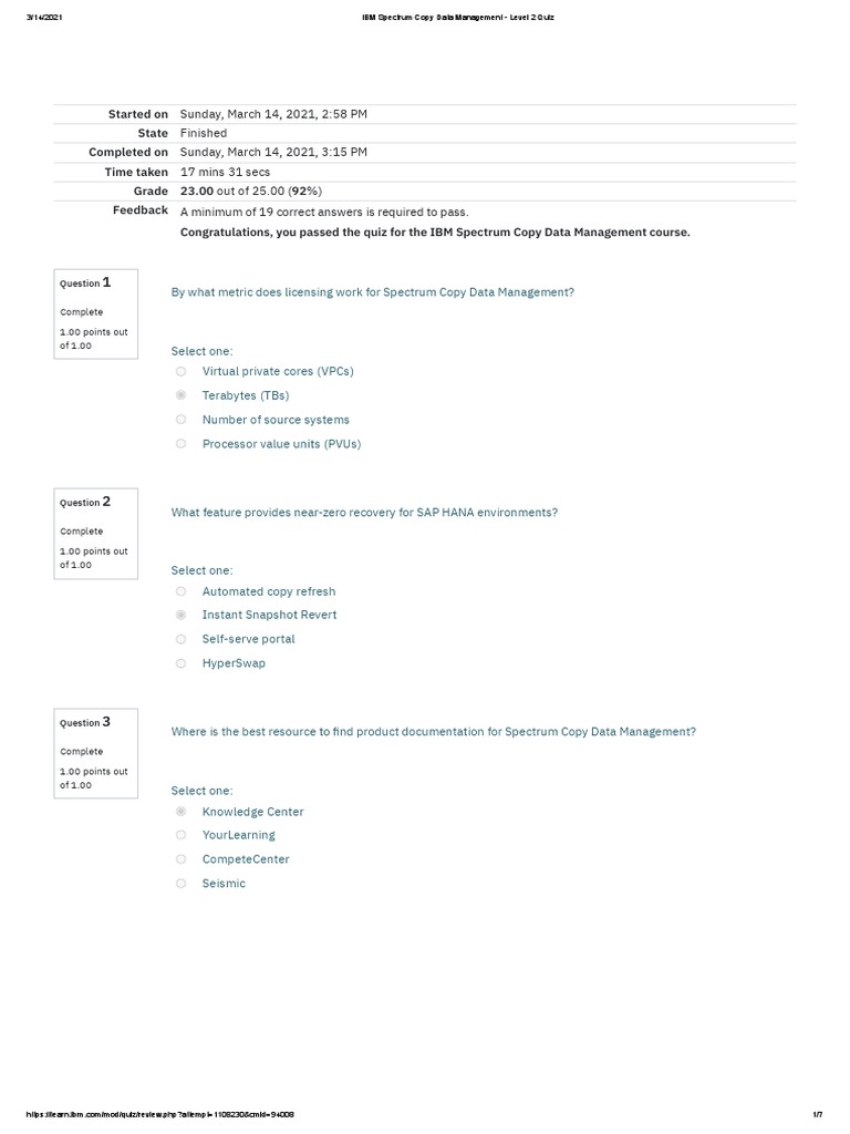 IBM Spectrum Copy Data Management - Level 2 Quiz - PASSED - M Davies (2021!07!22 08-46-05 UTC ...