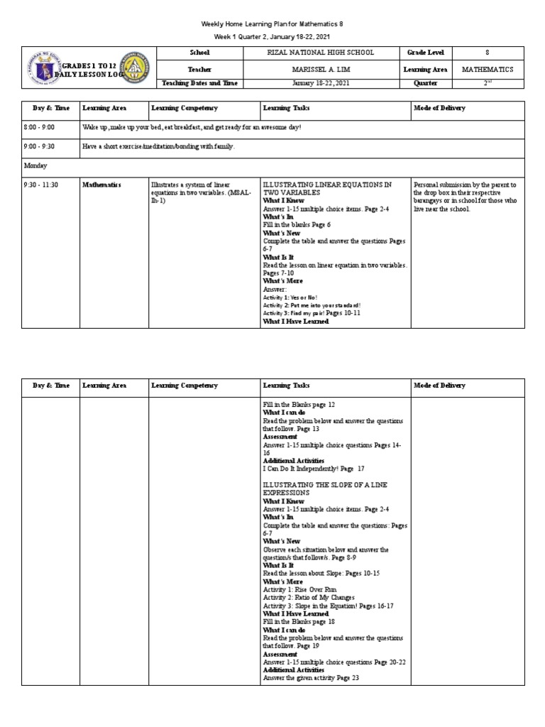 Comprehensive Weekly Home Learning Plan for Mathematics 8 Covering ...
