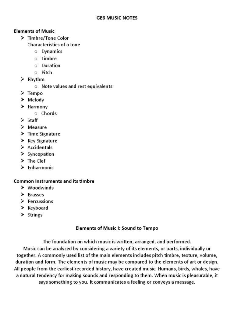 Ge6 Music Notes Elements of Music | PDF | Tempo | Clef