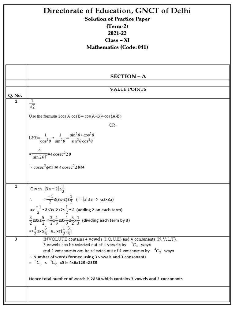 Solution of Practice Paper (Term-2) 2021-22 Class - XI Mathematics (Code: 041) | PDF | Rectangle ...