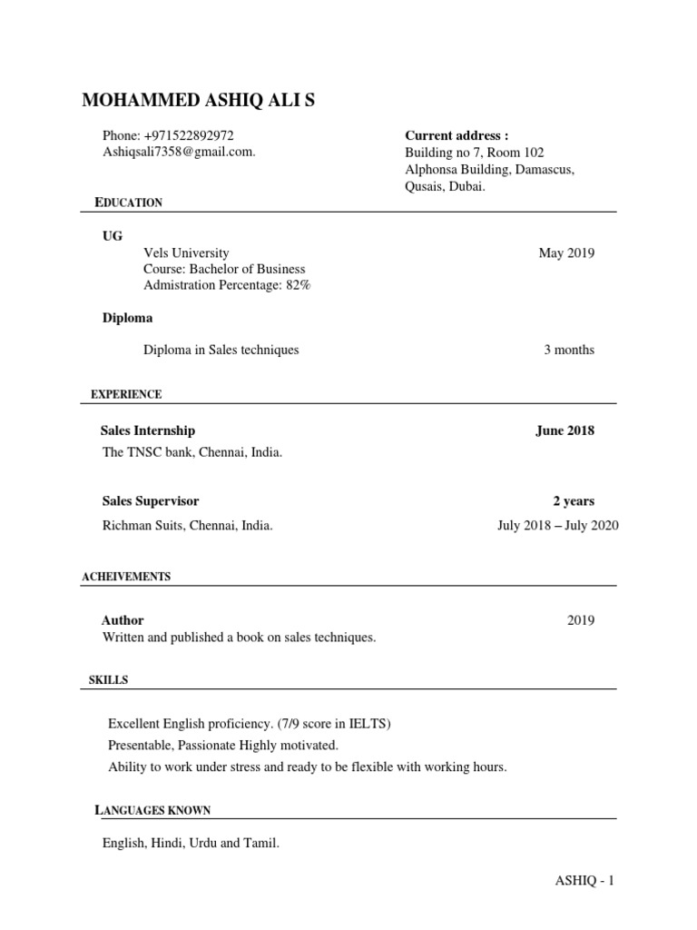 Mohammed Ashiq Ali - Sales Professional Resume | PDF